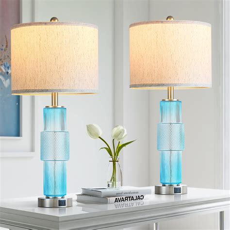 Tpamswo Glass Table Lamps Set Of 2 Modern 235” Blue Cracked Glass