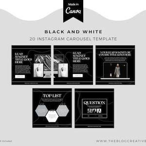 Black And White Instagram Carousel Template Canva Editable 20 Posts