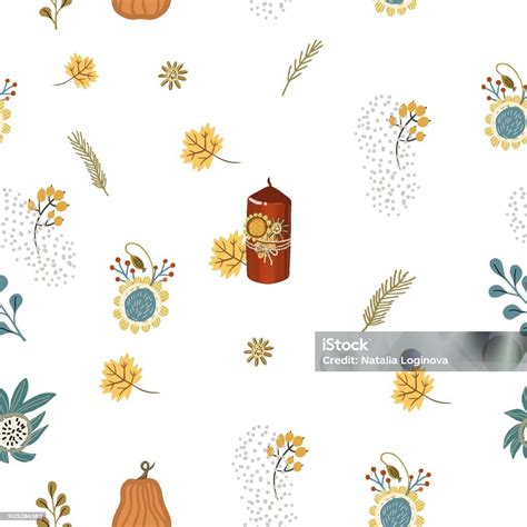 추상적 인 식물 호박 양초 식물 요소 꽃 열매 나뭇 가지 부드러운 팔레트 추수 감사절 가을 테마 가을 분위기에 적합한 완벽한 패턴 다중 색상에 대한 스톡 벡터 아트 및 기타