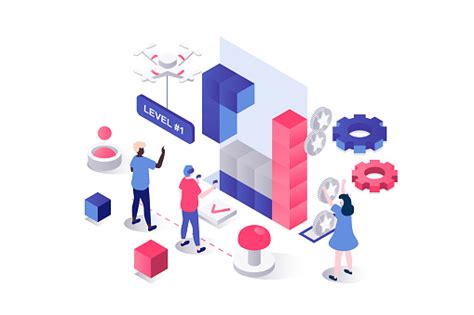 가상 현실 3d isometric 개념 기하학 그래픽 디자인 웹에 대 한 비디오 게임용 vr 헤드셋 및 컨트롤러를 사용하는