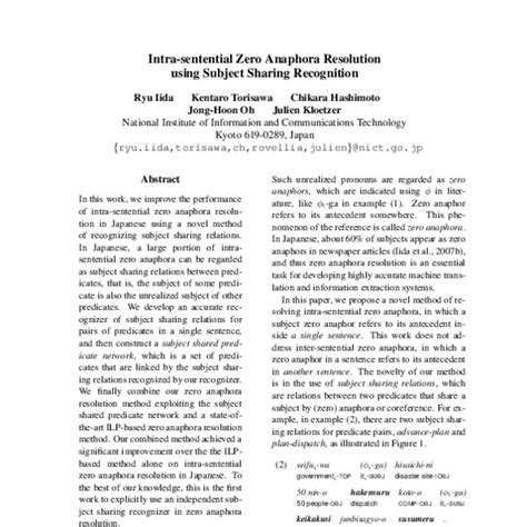 Intra Sentential Zero Anaphora Resolution Using Subject Sharing Recognition Acl Anthology