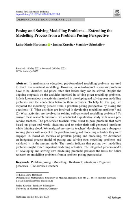 Pdf Posing And Solving Modelling Problems—extending The Modelling