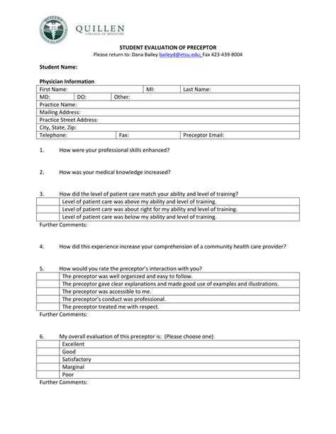 Student Evaluation Of Preceptor Student Name Physician Information