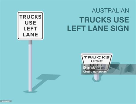 교통 규제 규칙 고립된 호주 트럭은 왼쪽 차선을 사용합니다 도로 표지판 전면 및 상단 뷰 벡터 일러스트 레이 션 템플릿 거리에