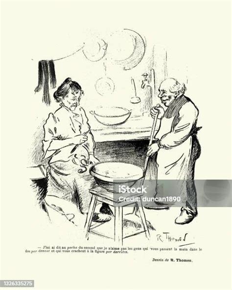 빈티지 프랑스 만화 국내 하인 여자 박리 채식주의 자 남자 청소 19 세기 요리하기 음식 준비에 대한 스톡 벡터 아트 및 기타 이미지 요리하기 음식 준비 프랑스