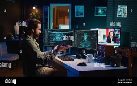 Self Aware Ai Gaining Anthropomorphic Form Inside Cyberspace Waving Hand Saluting Programmer