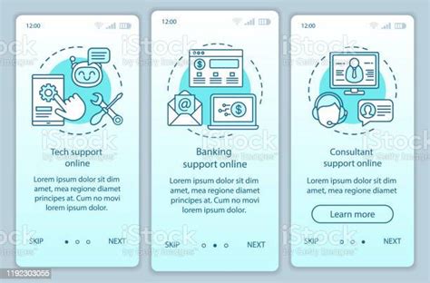 고객 지원 온라인 온보딩 모바일 앱 페이지 화면 벡터 템플릿 개념에 대한 스톡 벡터 아트 및 기타 이미지 개념 고객 고객 참여 Istock