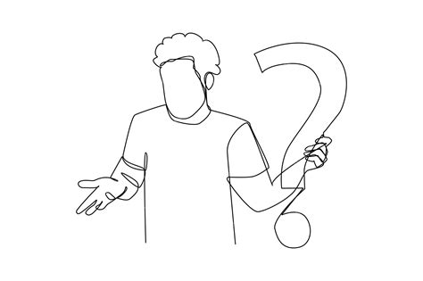 연속 한 줄 그리기 소년과 물음표 자주 묻는 질문 개념 한 줄 그리기 디자인 벡터 그래픽 그림 프리미엄 벡터
