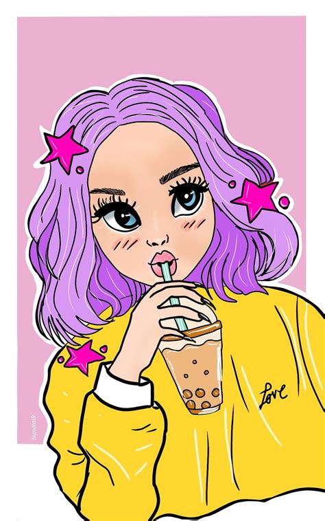 Bobba And Girl Digital Illustration Wallpaper Pink Cute Girls Illustration Pink And Purple