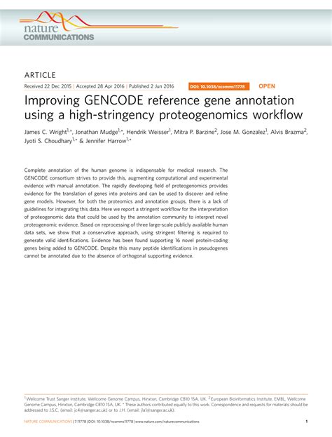 Pdf Improving Gencode Reference Gene Annotation Using A High Stringency Proteogenomics Workflow