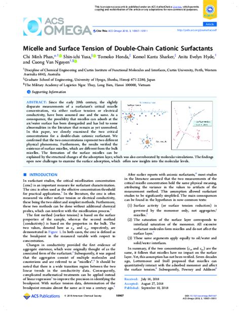 Pdf Micelle And Surface Tension Of Double Chain Cationic Surfactants