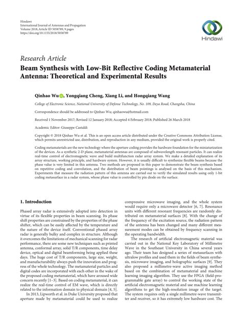 Pdf Beam Synthesis With Low Bit Reflective Coding Metamaterial Antenna Theoretical And