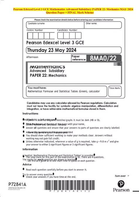 Pearson Edexcel Level 3 Gce Mathematics Advanced Subsidiary Paper 22