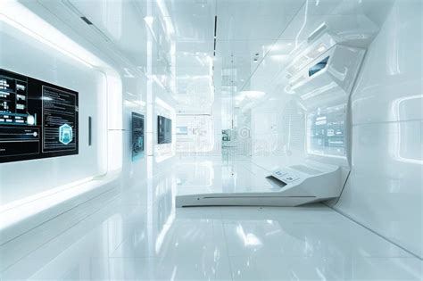 Cutting Edge Computer Technologies In A White Room Setting For Futuristic Workspaces Stock