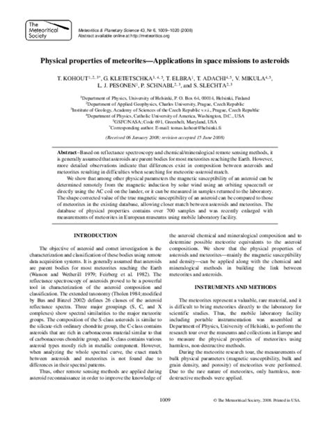 Pdf Physical Properties Of Meteorites Applications In Space Missions To Asteroids