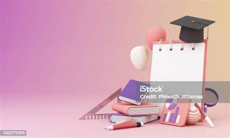 대학원 모자 오픈 북 풍선 통치자 통계 그래프 연필 및 분홍색과 보라색 배경 3d 렌더에 돋보기로 둘러싸인 선상에 백서가있는 학습 개념 3차원 형태에 대한 스톡 사진 및