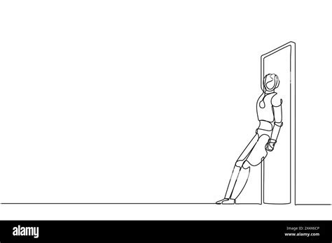 Continuous One Line Drawing Robots Standing And Pushing Door With Her Back Humanoid Robot