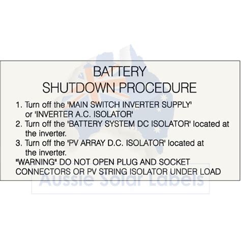 Battery Shutdown Procedure 3 Lines Warning Aussie Solar Labels
