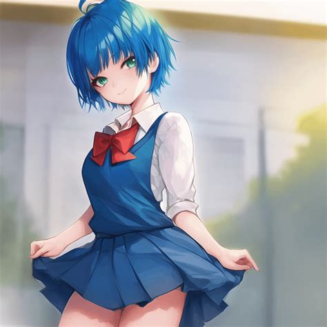 A Very Beautiful Anime Girl Blue Short Hair Green Eyes Full Round Face Short Smile School