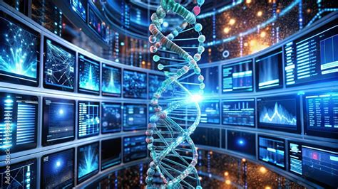 Illuminated Double Helix Dna Model Surrounded By Virtual Screens Displaying Genomic Data