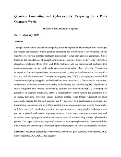 Pdf Quantum Computing And Cybersecurity Preparing For A Post Quantum World
