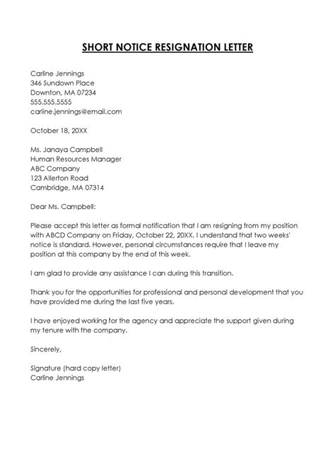 Short Notice Resignation Letter Examples 24 Hours Notice