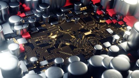 Explore A Futuristic Circuit Board With Metallic Components And Illuminated Pathways Stock