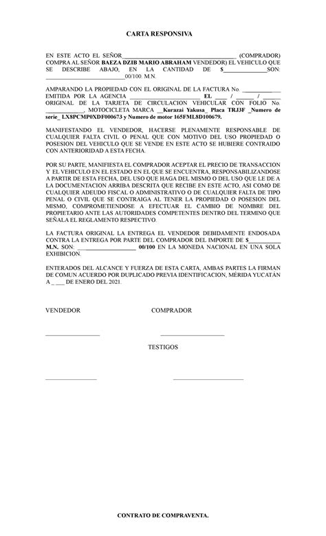 Responsiva Y Venta Descriptivo Carta Responsiva En Este Acto El