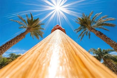 Wooden Pole Against A Bright Blue Sky With Palm Trees Stock