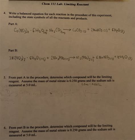 Solved Chem Lab Limiting Reactant Write A Balanced Chegg