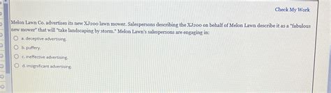 Solved Check My WorkMelon Lawn Co. ﻿advertises its new XJ20o | Chegg.com