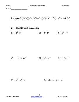 Multiplying Monomials Exponent By SQUARE D Academy TPT