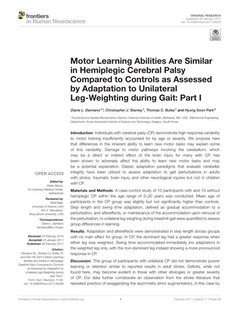 Pdf Motor Learning Abilities Are Similar In Hemiplegic Cerebral Palsy