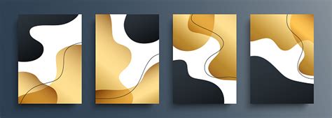 크리에이티브 그래픽 디자인을 위한 다양한 황금빛 동적 모양과 검은색 윤곽선으로 설정된 추상적인 배경 또는 커버 골드와 블랙 금 금속에 대한 스톡 벡터 아트 및 기타 이미지