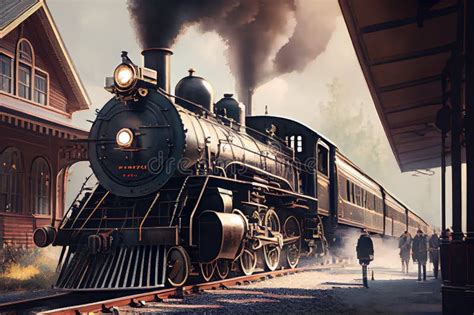 Classic Steam Engine Pulling A Passenger Train Into The Station Stock