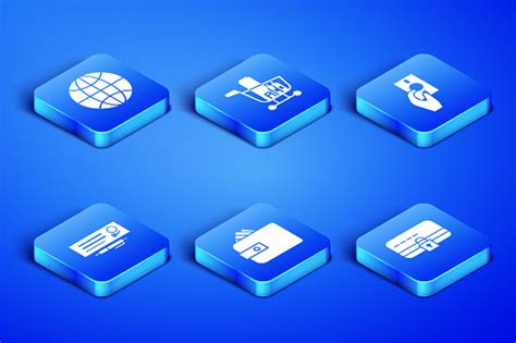 자물쇠가 있는 신용 카드 전 세계 지갑 지폐 현금 은행 수표 및 펜 쇼핑 카트 음식 및 손 잡기 아이콘을 설정합니다 벡터 3차원 형태에 대한 스톡 벡터 아트 및 기타 이미지