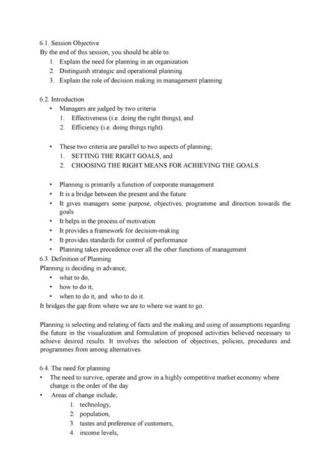 Principles Of Management Lecture Notes Session Six Session Objective