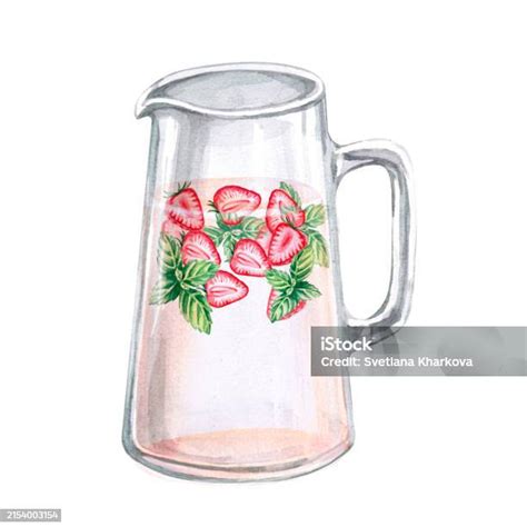 흰색 배경에 수채화 그림에 딸기 민트 레모네이드와 투명 유리 주전자 요리책 레모네이드 레스토랑 메뉴 디자인 식탁보 카드를 위한 손으로 그린 주전자 0명에 대한 스톡 벡터