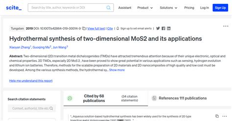 Hydrothermal Synthesis Of Two Dimensional Mos2 And Its Applications