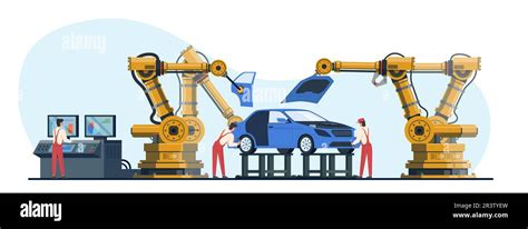 Engineering Workers In Uniform Work In Car Factory On An Automated Assembly Line Conveyor And