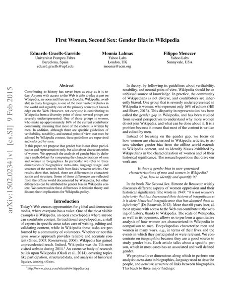 Pdf First Women Second Sex Gender Bias In Wikipedia