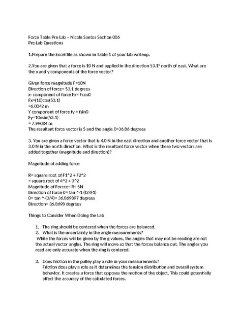 Force Table Pre Lab Pre Lab Force Table Pre Lab Nicole Santos