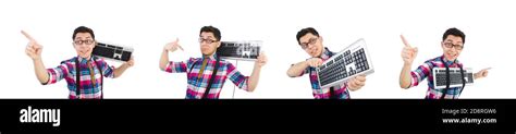 The Computer Nerd With Keyboard Isolated On White Stock Photo Alamy