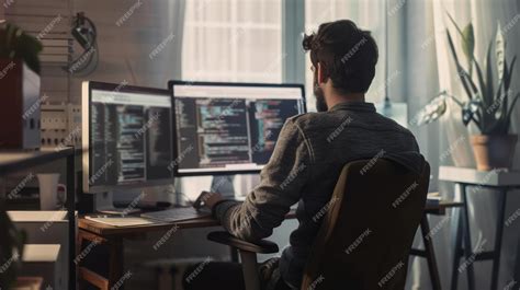 Premium Photo Concentrated Programmer Coding On Multiple Screens In A Cozy Home Office