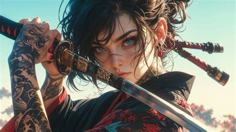5972a Girl With Katana Tattoo Kimono 4k Wallpaper Pc Desktop
