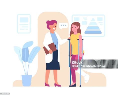 다리에 깁스를 한 채 목발을 짚고 있는 소녀를 위로하는 여성 의사 환자 치료 의사 예약 클리닉 상담 의료 전문가 다친 발 검사