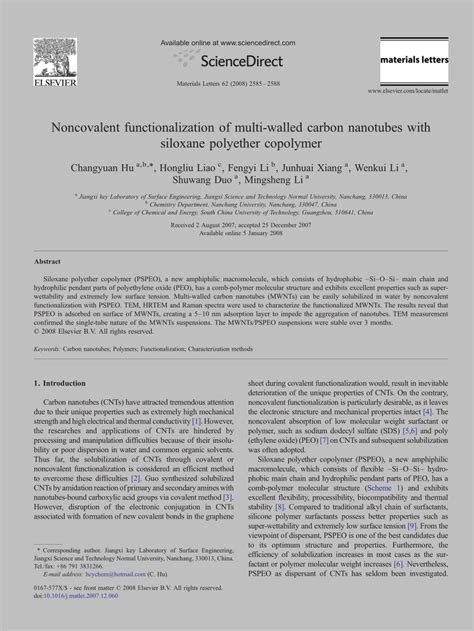 Pdf Noncovalent Functionalization Of Multi Walled Carbon Nanotubes With Siloxane Polyether