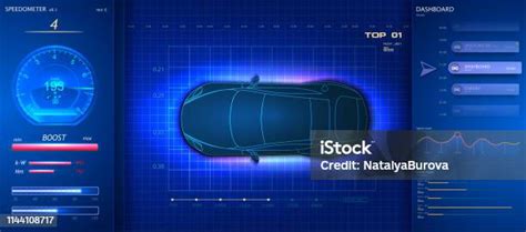 현대 미래의 자동차 대시 보드 및 터치 스크린 Hud 및 디지털 속도계 자율 주행 자동차 미래의 자동차 서비스 스캐닝 및 자동 데이터 분석 차에 대한 스톡 벡터 아트 및