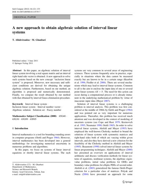 A New Approach To Obtain Algebraic Solution Of Interval Linear Pdf