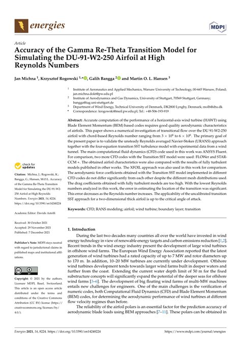 Pdf Accuracy Of The Gamma Re Theta Transition Model For Simulating The Du 91 W2 250 Airfoil At